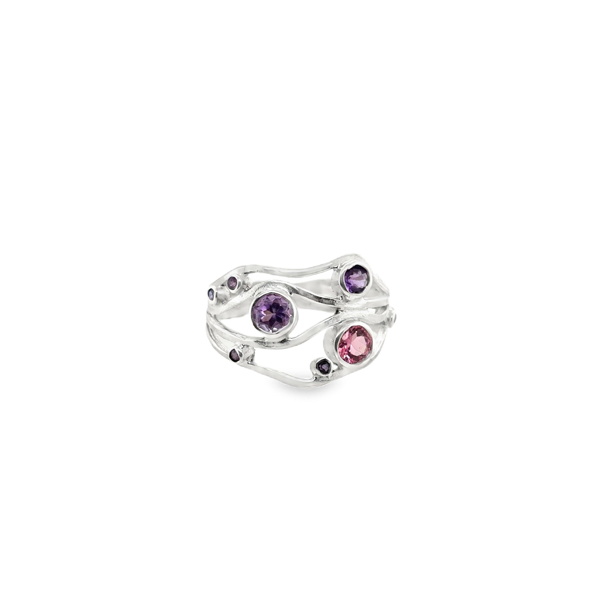 Multistone set on a multi banded shaped sterling silver ring